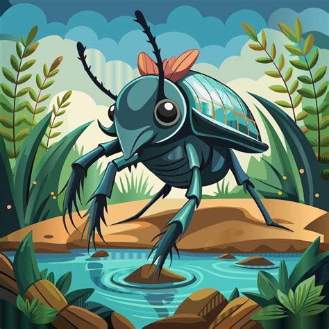 A Cartoon Drawing Of A Blue Bug With A Red Star On Its Head Premium