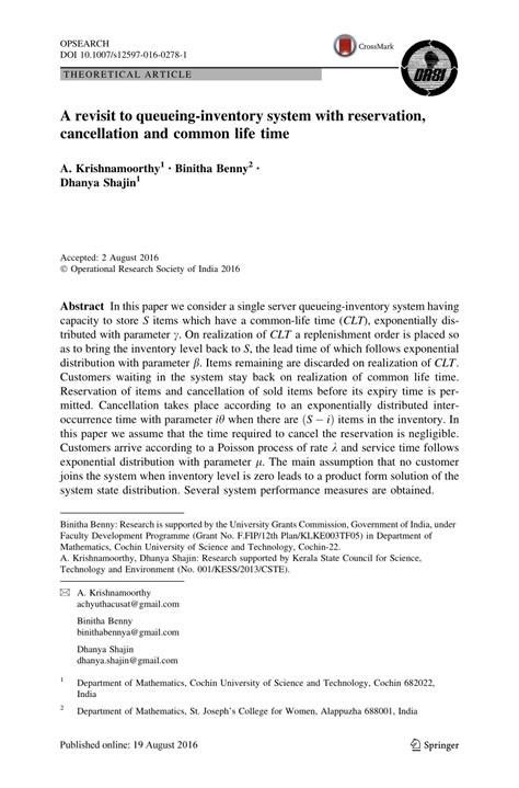 Pdf A Revisit To Queueing Inventory System With Reservation Cancellation And Common Life Time