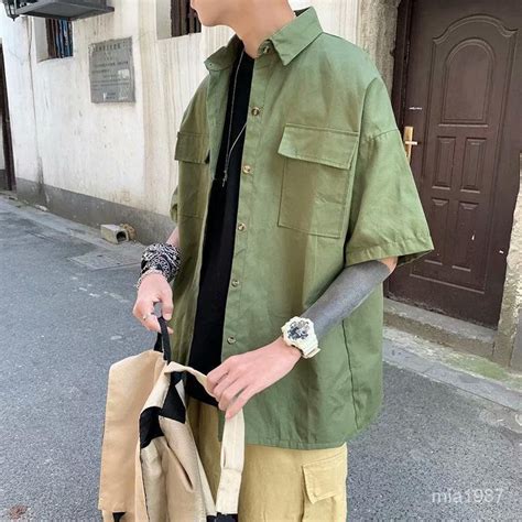 美式工裝短袖襯衫男潮流ins夏季港風休閒痞帥百搭疊穿開衫外套潮 Dxin 蝦皮購物