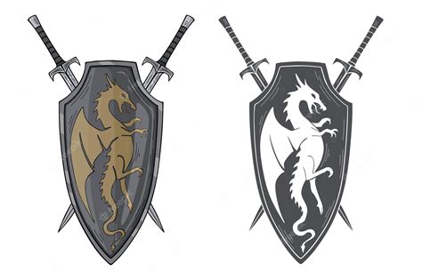 Premium Vector Coat Of Arms Medieval Knight Shield And Crossed Swords The Dragon Sign
