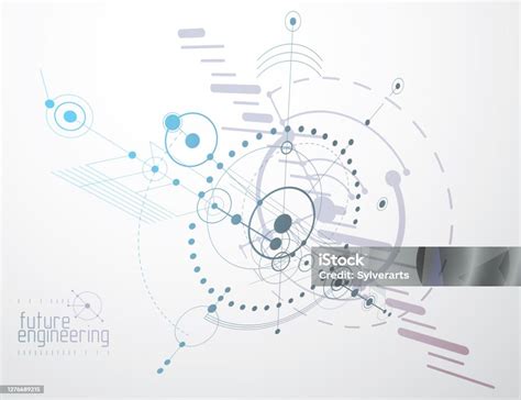 기계 식 구성표 원 및 메커니즘의 기하학적 부분으로 구성된 벡터 엔지니어링 도면 기술 계획은 웹 디자인과 배경 화면 또는