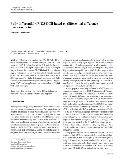 Pdf Fully Differential Cmos Ccii Based On Differential Difference Transconductor