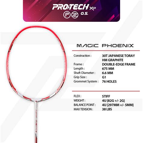 Protech Badminton Racket Magic Phoenix 4ug1 Max 38lbs Free String