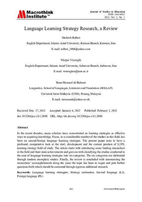 Pdf Language Learning Strategy Research A Review