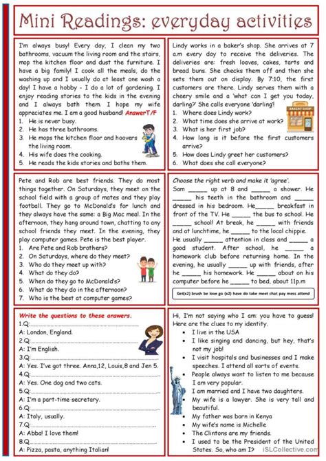 Mini Reading Passages Everyday Acti English Esl Worksheets Pdf And Doc