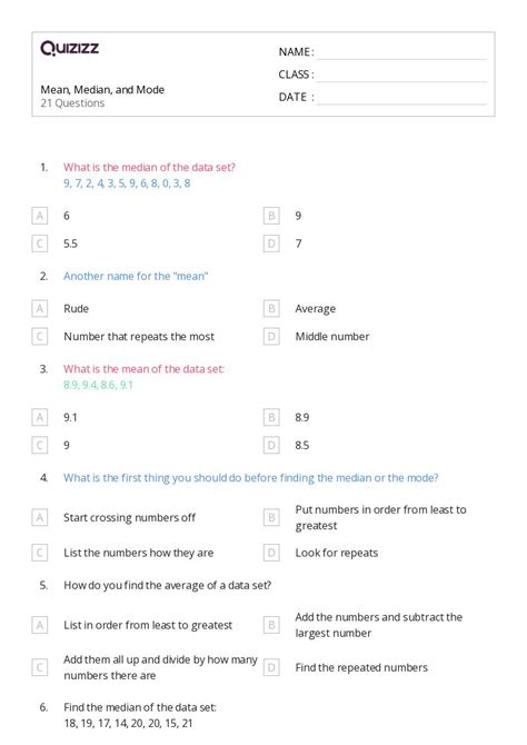 50 Mean Median And Mode Worksheets For 7th Year On Quizizz Free