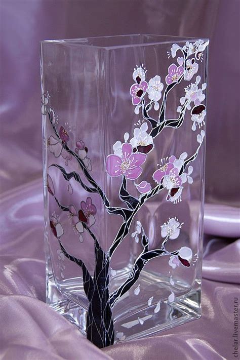 Ваза для цветов Сакура Бамбук роспись на стекле Витраж Авторск