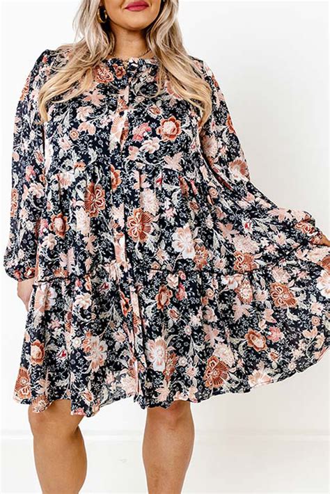 1064 Black Floral Print Ruffled Buttoned Plus Size Mini Dress Wholesale