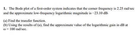 Solved The Bode Plot Of A First Order System Indicates Chegg Com