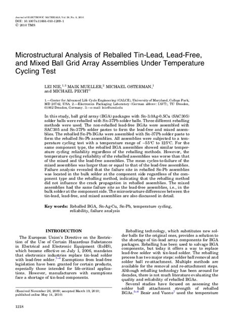 Pdf Microstructural Analysis Of Reballed Tin Lead Lead Free And Mixed Ball Grid Array