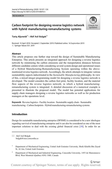 Carbon Footprint For Designing Reverse Logistics Network With Hybrid Manufacturing