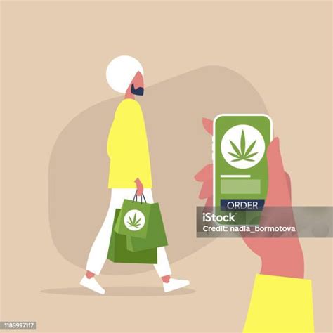 대마초 온라인 상점 모바일 인터페이스 종이 쇼핑 백으로 걷는 젊은 남성 인도 캐릭터 밀레니엄 라이프 스타일 마리화나 판매점에 대한 스톡 벡터 아트 및 기타 이미지 Istock