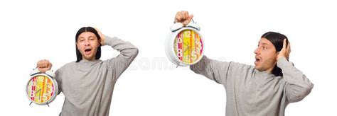 The Funny Man With Clock Isolated On White Stock Image Image Of Poses Collection