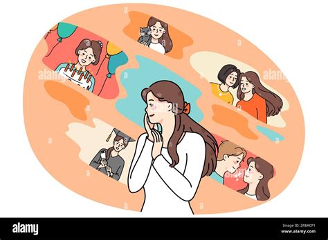 Young Woman Feel Nostalgic Remembering Different Scenes From Life Happy Girl Memory With