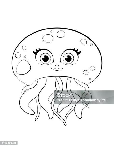 귀여운 만화 해파리 색칠하기 책을 위한 라인 아트 아이들의 색칠하기 책을 위한 만화 스타일의 귀여운 해파리의 벡터 삽화 교육에