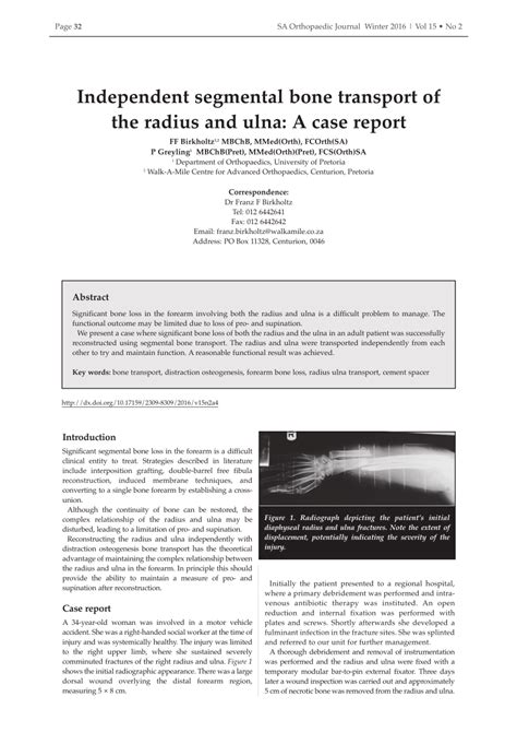 Pdf Independent Segmental Bone Transport Of The Radius And Ulna A Case Report