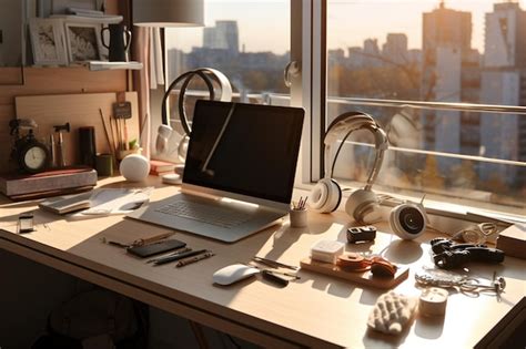 Desk Office With Objects Premium Ai Generated Image