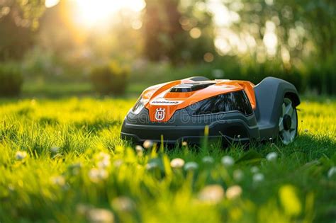 a modern autonomous robot lawn mower glides through thick vibrant green