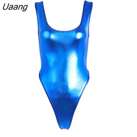 Uaang Women Patent Leather Thong Leotard Bodysuit Shiny Metallic High Cut Ballet Gymnastics