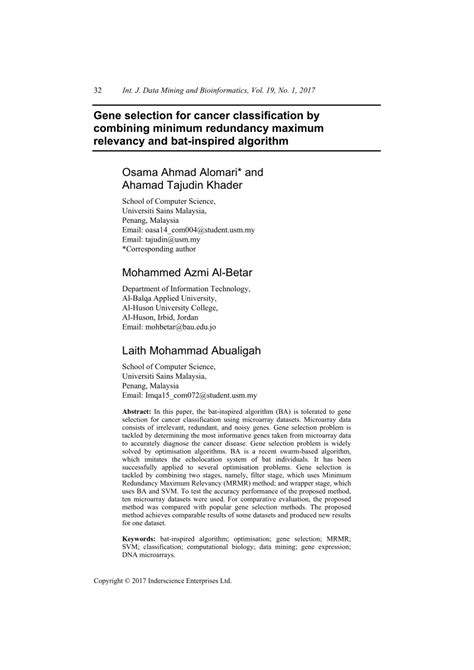 PDF Gene Selection For Cancer Classification By Combining Minimum