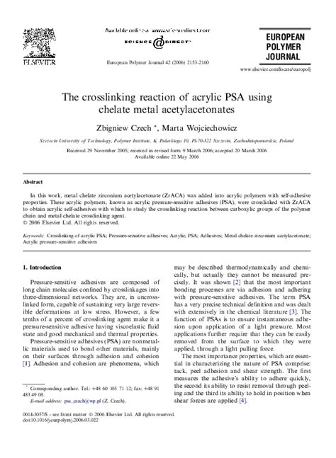 Pdf 2006 The Crosslinking Reaction Of Acrylic Psa Using Chelate Metal