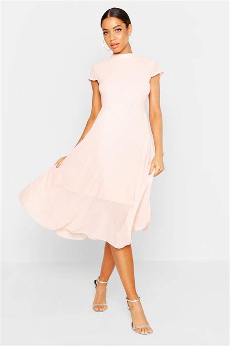 High Neck Flutter Sleeve Midi Skater Dress Long Sleeve Midi Dress