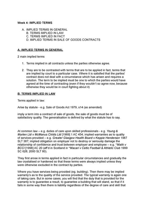 Week 4 Implied Terms Week 4 Implied Terms A Implied Terms In