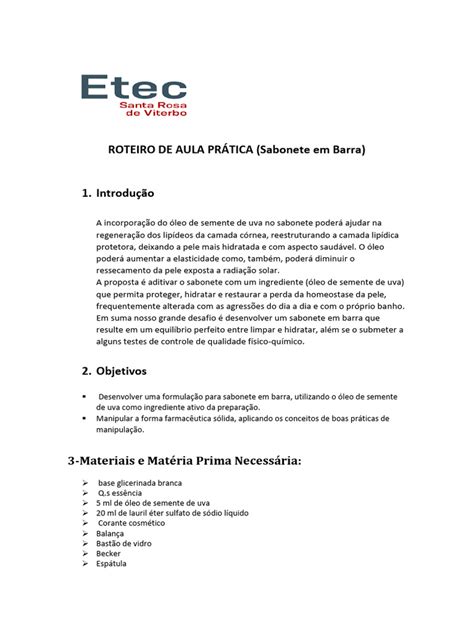 Roteiro De Aula PrÁtica Sabonete Em Barra Pdf