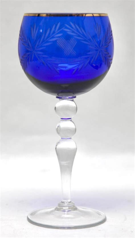 Crystal Set Of 4 Stem Glasses Cobalt Overlay Cut To Clear With Tray For