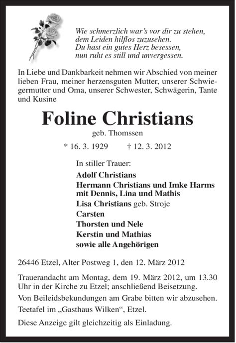 Traueranzeigen Von Foline Christians Nordwest Trauer De