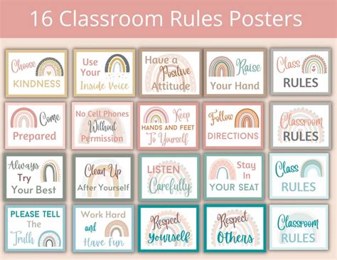 Boho Rainbow Classroom Rules Posterselementary Class Etsy Canada