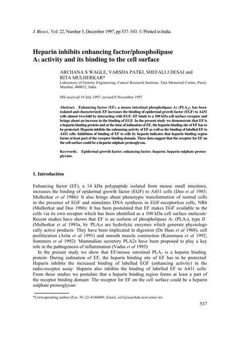 Pdf Heparin Inhibits Enhancing Factor Phospholipase A2 Activity And Its Binding To The Cell