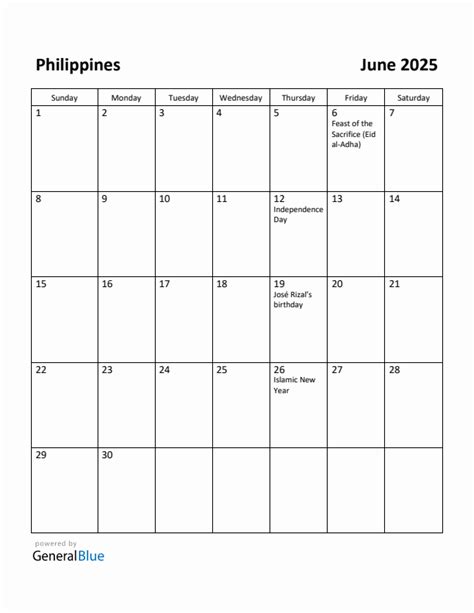 Philippines Holiday Calendar for June 2025