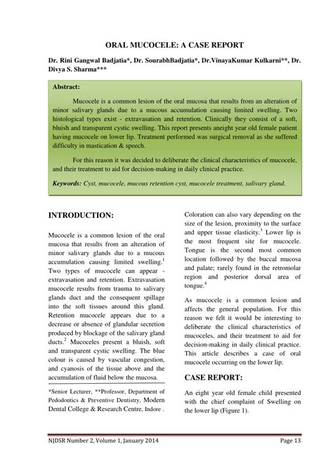 Pdf Oral Mucocele A Case Report