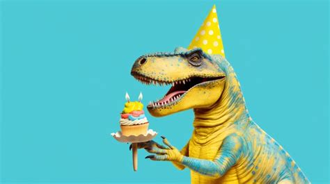Premium Photo Yellow Dinosaur Eating Birthday Cake Slice Over Blue