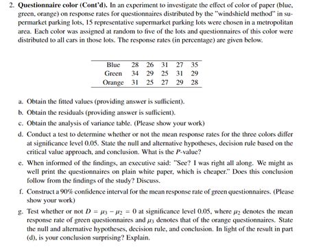 Solved Questionnaire Color Cont D In An Experiment To Chegg Com