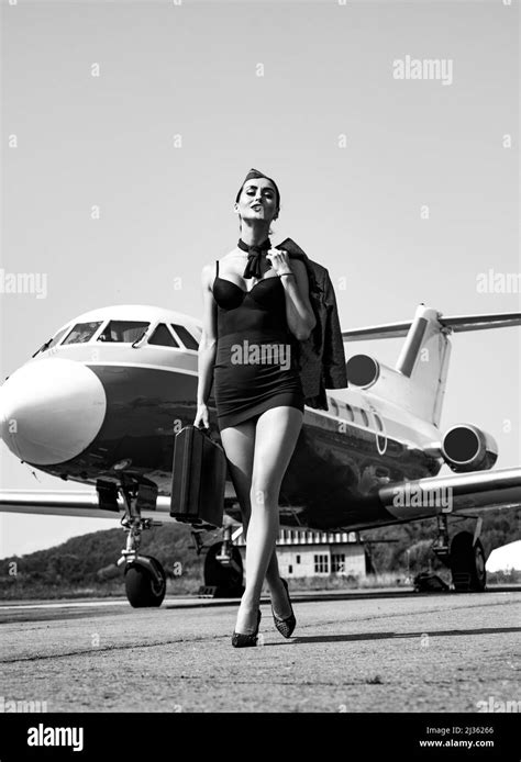 Full Length Airhostess Woman Traveling And Jet Plane Flying