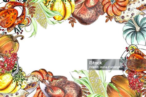 추수 감사절 프레임 디자인 물색 손 그린 그림 광고 카드 포스터용 템플릿 전통 칠면조 호박 및 수확 요소 수채화에 대한 스톡 벡터 아트 및 기타 이미지 Istock