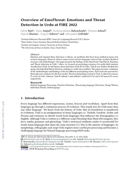 Overview Of Emothreat Emotions And Threat Detection In Urdu At Fire 2022 T4 1 Pdf Support