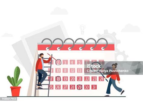 일정을 계획하는 사람들 달력에서 비즈니스 이벤트 계획 회의 조직 전략 및 시간 관리 계획 평면 벡터 일러스트레이션 Teamwork Makes The Dream Work에