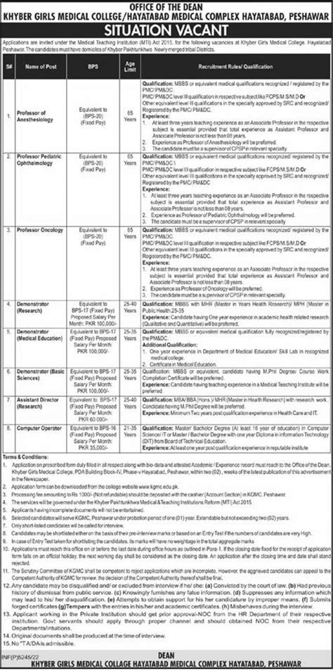 Khyber Girls Medical College Peshawar Jobs 2022 For Teaching Faculty