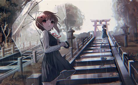 Обои на рабочий стол Девушка с короткой стрижкой с прозрачном зонтиком под дождем стоит на