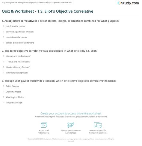 Quiz And Worksheet Ts Eliots Objective Correlative