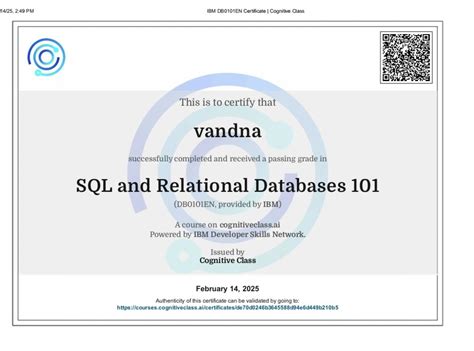 l have successfull completed sql and relational databases course