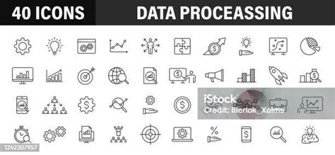 라인 스타일로 웹 아이콘을 프로세싱하는 40개의 데이터 집합입니다 그래픽 분석 통계 네트워크 다이어그램 디지털 벡터 그림입니다 개념에 대한 스톡 벡터 아트 및 기타 이미지