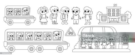 벡터 흑백 교통 세트는 아이들과 함께 설정됩니다 Funny Line School Bus 클립 아트 모음 운전사 학생 아이들을위한 버스 정류장 스쿨버스를 기다리는 귀여운 소년