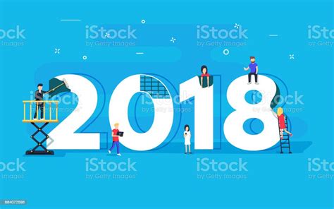 새 해 복 많이 받으세요 개념 카드입니다 작은 사람들이 문자 2018 텍스트 내장 벡터 일러스트 레이 션 평면 디자인 2018