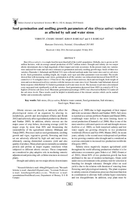 Pdf Seed Germination And Seedling Growth Parameters Of Rice Oryza