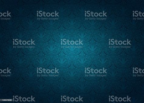 로얄 빈티지 어두운 시안의 고딕 양식의 수평 배경 고전적인 골동품 장식품이있는 파란색 로코코 벡터 일러스트 레이 션 다마스크 천에 대한 스톡 벡터 아트 및 기타 이미지