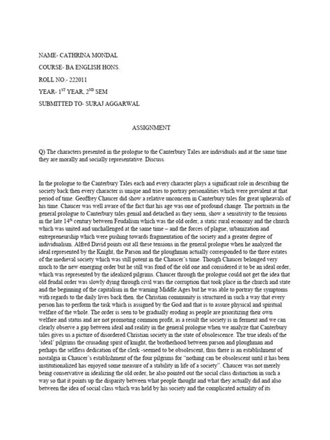 Sa Assignment By Cathrina Mondal 222011 Ba Hons English 1st Year Pdf The Canterbury Tales